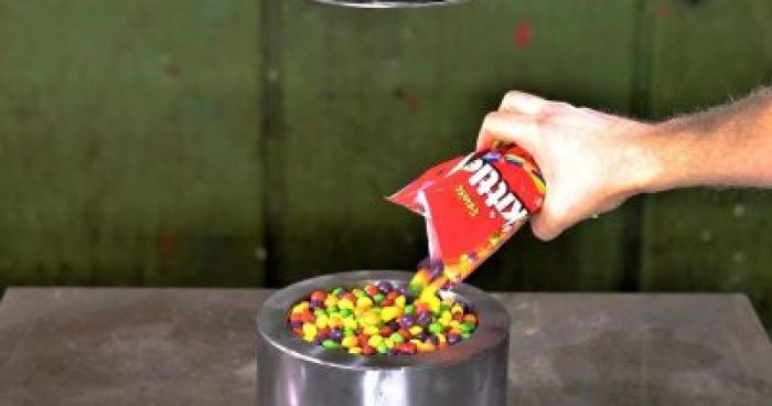 Skittles Being Crushed By A Hydraulic Press | Klipland.com
