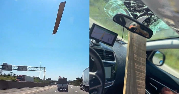 Lumber Flies Off Truck Straight Through Woman's Windshield | Klipland.com